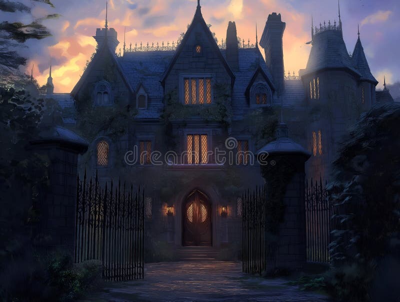Gothic Mansion at Night, Mysterious and Eerie Stock Illustration ...