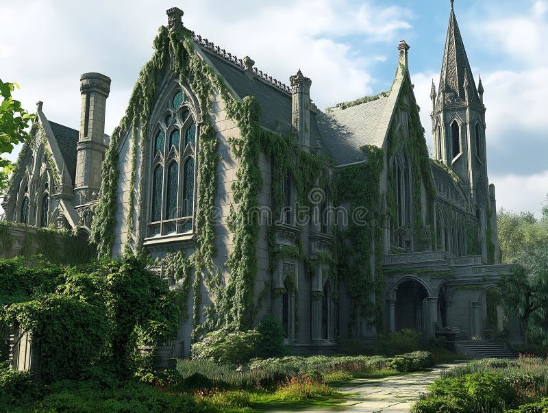 Gothic Mansion with Steeples, Overgrown with Vines Stock Illustration ...