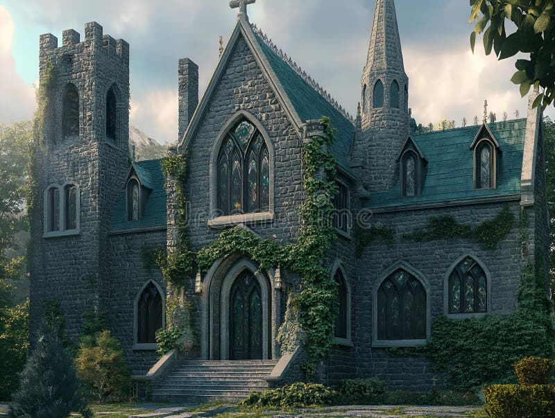 Gothic Mansion, Stone and Ivy, Atmospheric Scene Stock Illustration ...