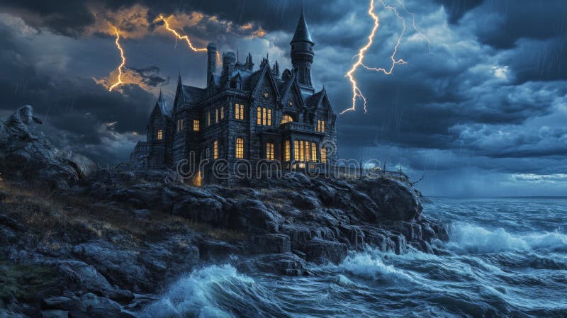 Gothic Mansion on a Stormy Cliffside Stock Illustration - Illustration ...