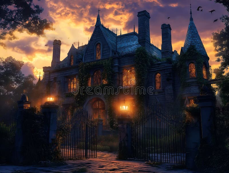 Gothic Mansion at Sunset, Dramatic Lighting Stock Illustration ...