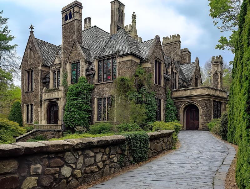 Gothic Mansion with Tower, Pathway and Landscaping Stock Illustration ...