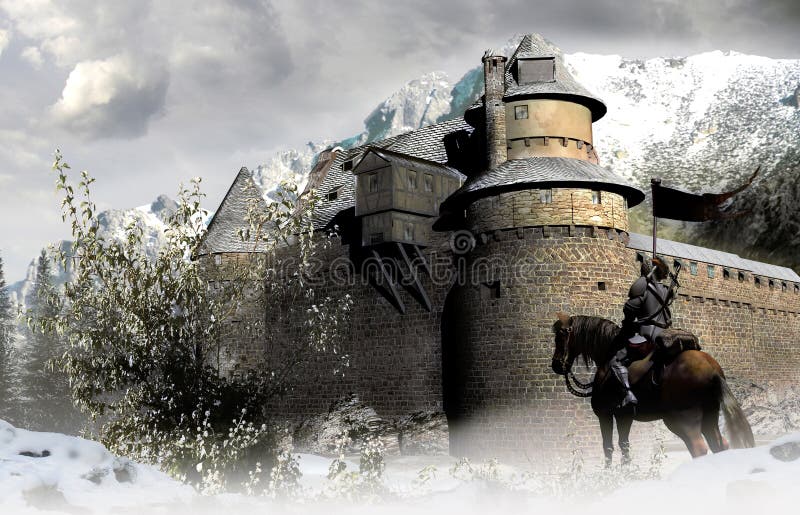 Gothic Medieval Castle and Knight Stock Illustration - Illustration of ...