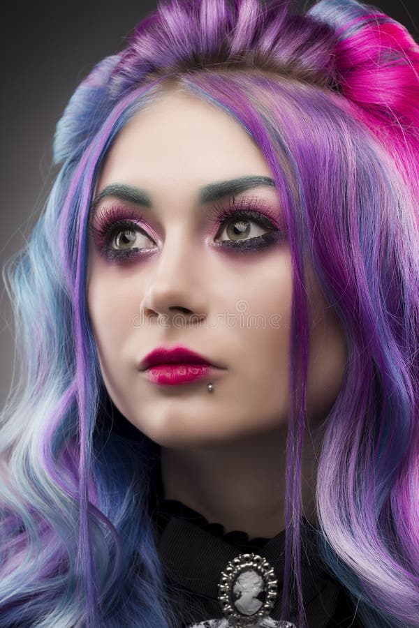 The Gothic Multi-colored Hair Girl on a Gray Background Stock Image ...