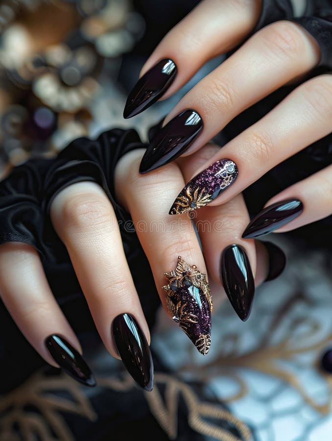 Gothic Nails with Black Stilettos and Gold Ring Stock Illustration ...