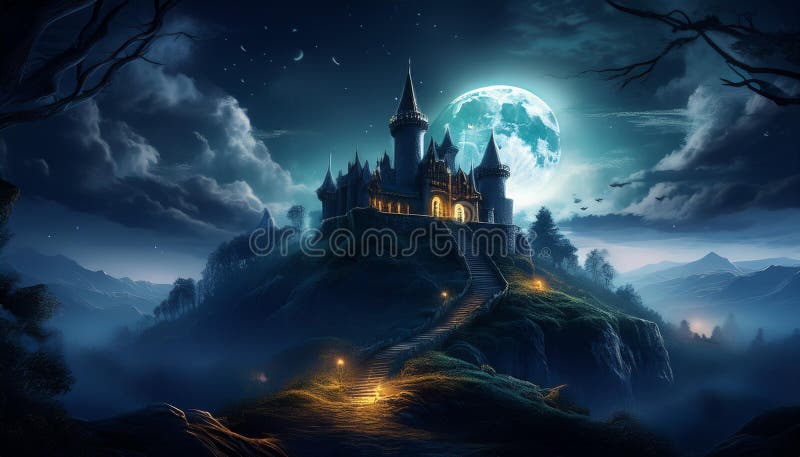 Gothic Play by Moonlight on a Rock Stock Illustration - Illustration of ...