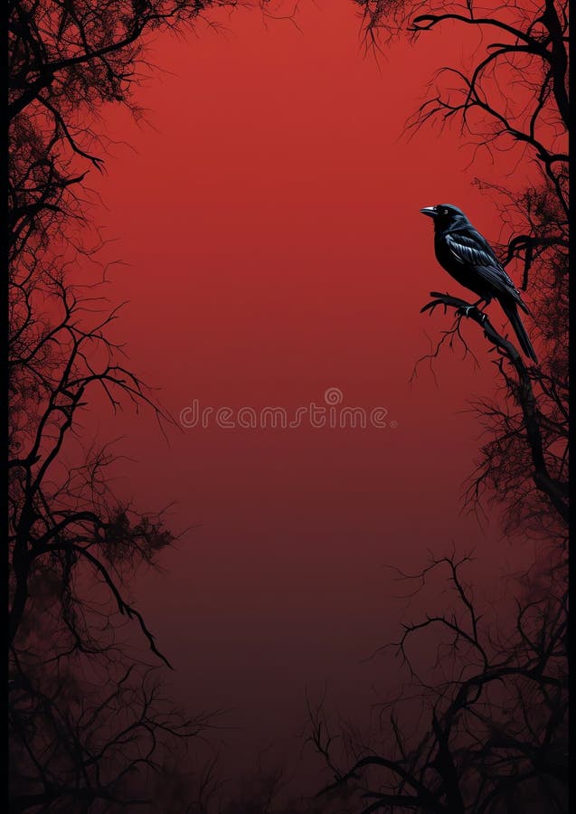 Gothic Raven Perched in a Dark Red Crimson Moonlit Forest Halloween ...