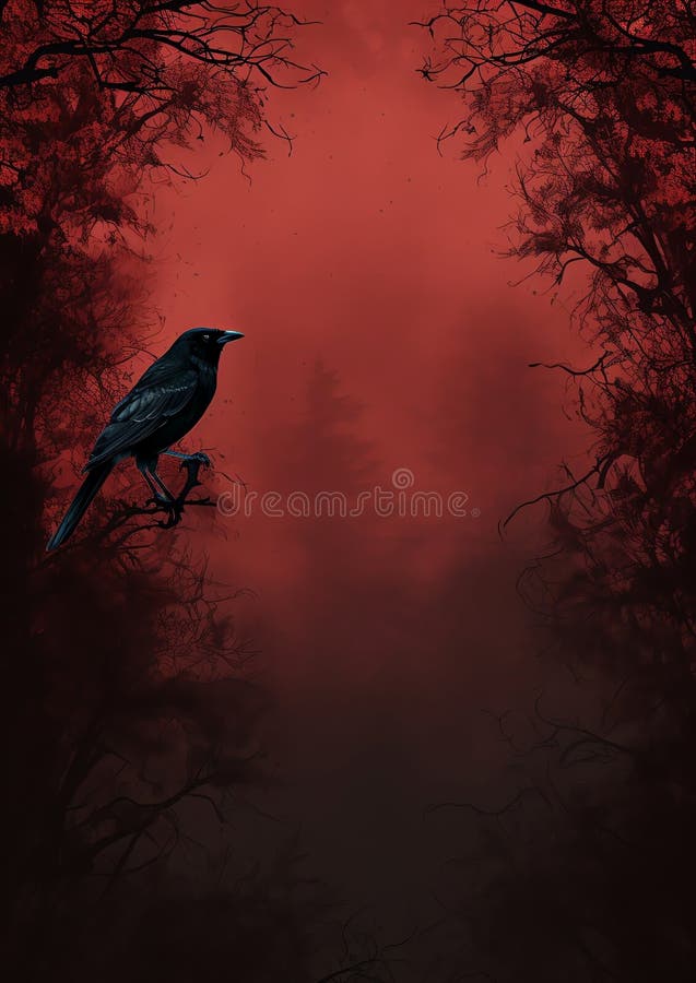 Gothic Raven Perched in a Dark Red Crimson Moonlit Forest Halloween ...