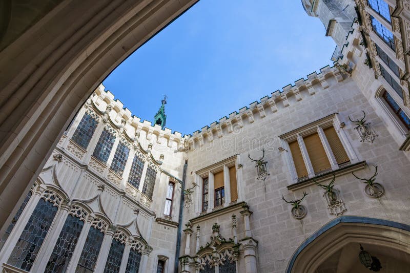 Gothic Revival Castle Courtyard Exterior Architecture with Ornate ...