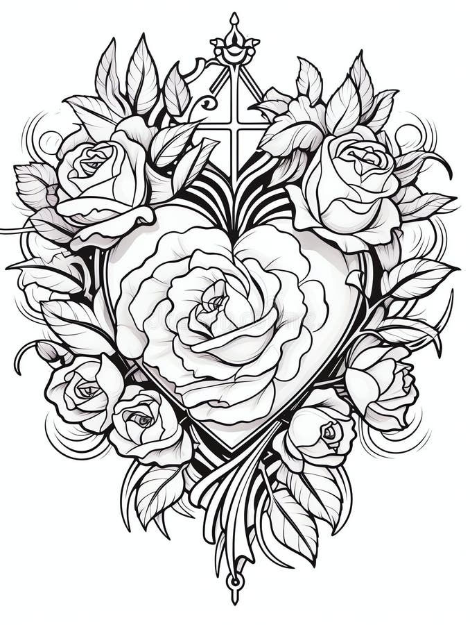 Gothic Roses Gothic Window Coloring Book Page in Black and White Stock ...