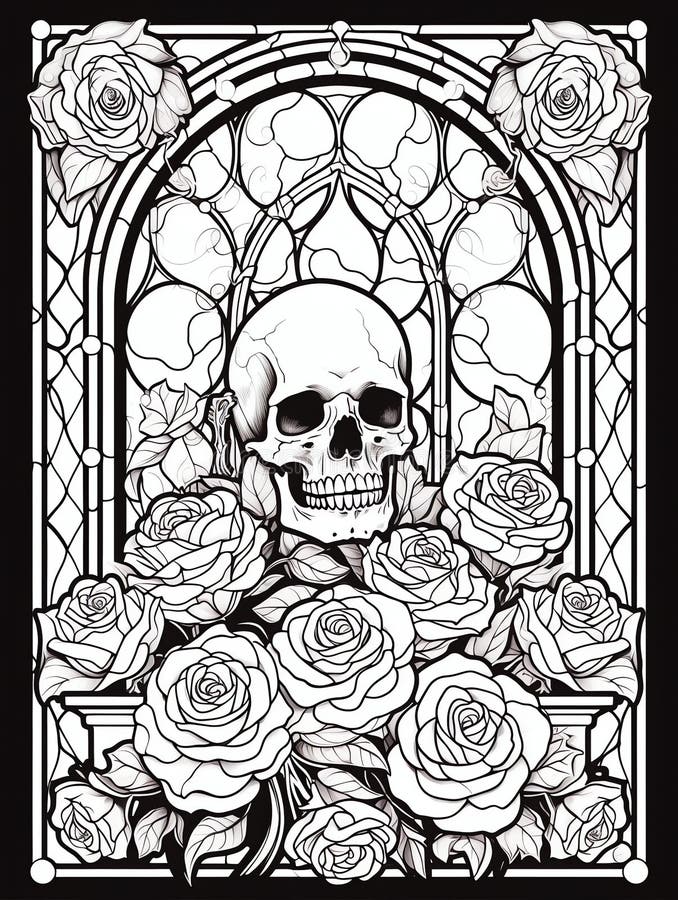 Gothic Roses Gothic Window Coloring Book Page in Black and White Stock ...