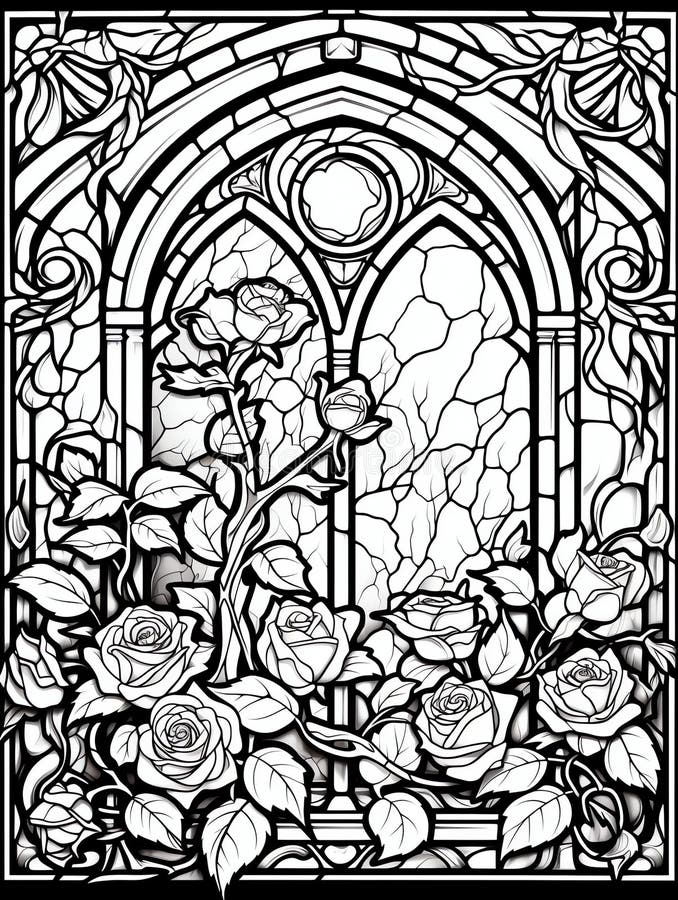 Gothic Roses Gothic Window Coloring Book Page in Black and White Stock ...