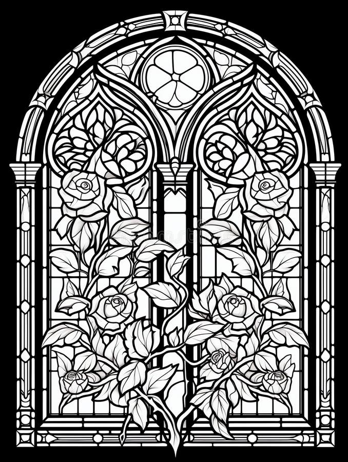 Gothic Roses Gothic Window Coloring Book Page in Black and White Stock ...