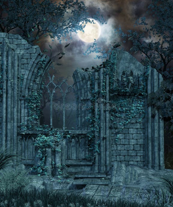 Gothic Ruin at Night stock illustration. Illustration of night - 91025166