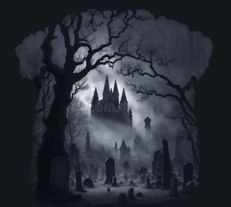 Gothic Scene at Cemetery on a Moonlit Halloween Night Stock ...