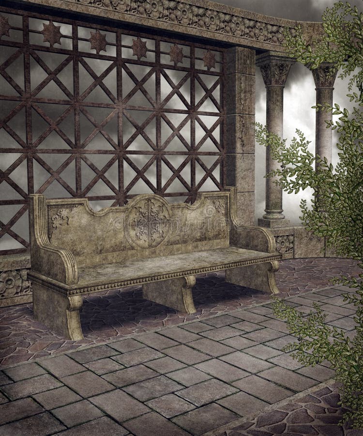 Fantasy Shrine with a Bench Stock Illustration - Illustration of temple ...