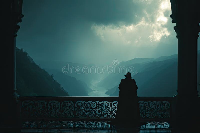 Gothic Silhouette of a Vampire Lord on a Balcony Overlooking a Stormy ...