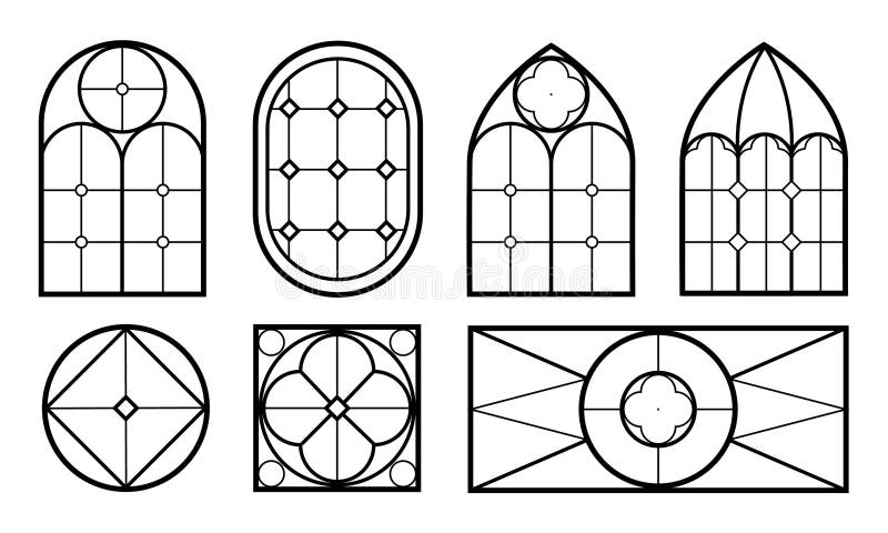 Gothic Stained Glass Windows Black And White Linear Vector Illustration Isolated Stock Vector