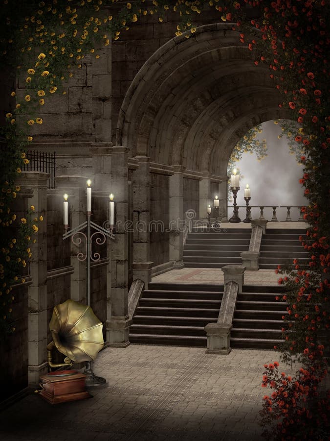 Gothic Stairs with Rose Vines Stock Illustration - Illustration of ...