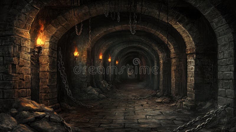 Gothic Stone Dungeon Corridor with Torches and Chains Stock Photo ...