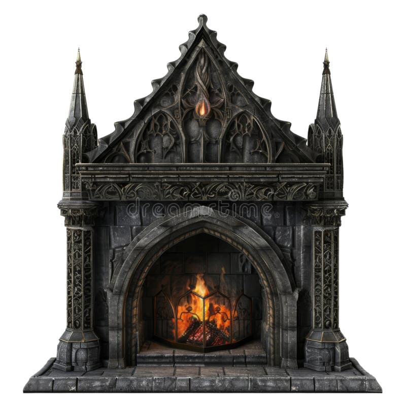 Gothic Stone Fireplace with Burning Fire Stock Photo - Illustration of ...