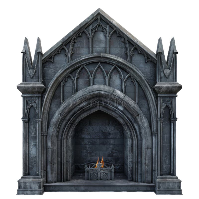 Gothic Stone Fireplace with Flames Stock Photo - Illustration of ...