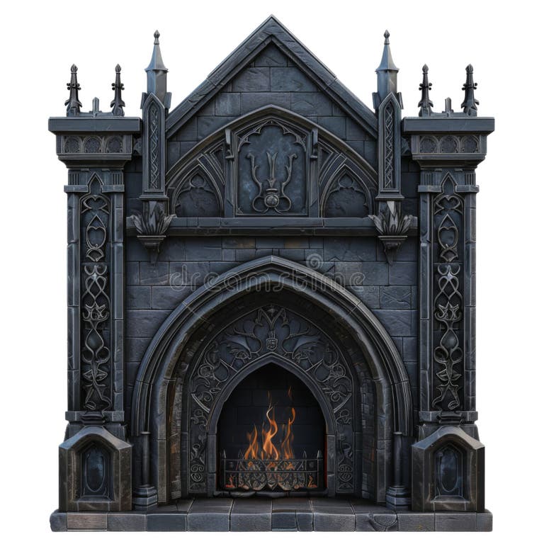 Gothic Stone Fireplace with Flames Stock Photo - Illustration of ...