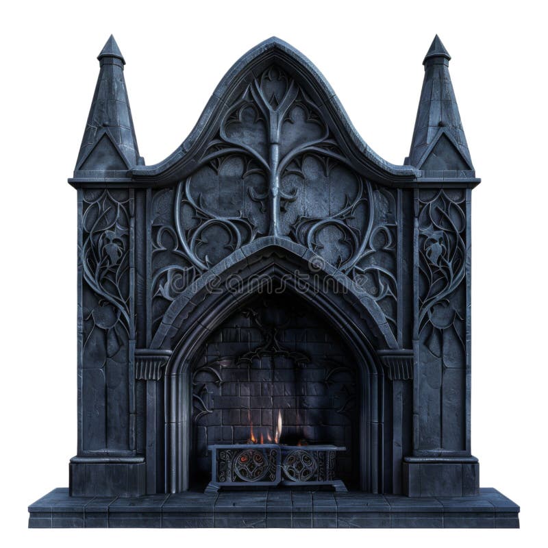 Gothic Stone Fireplace with Intricate Carvings and Burning Fire Stock ...