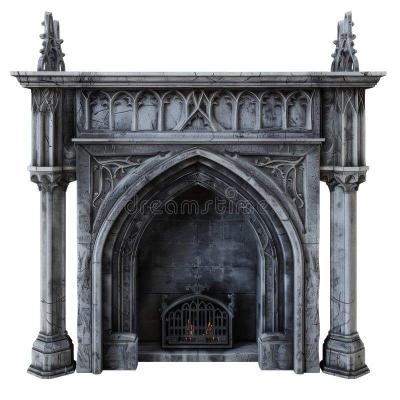 Gothic Stone Fireplace with Intricate Carvings and Burning Fire Stock ...