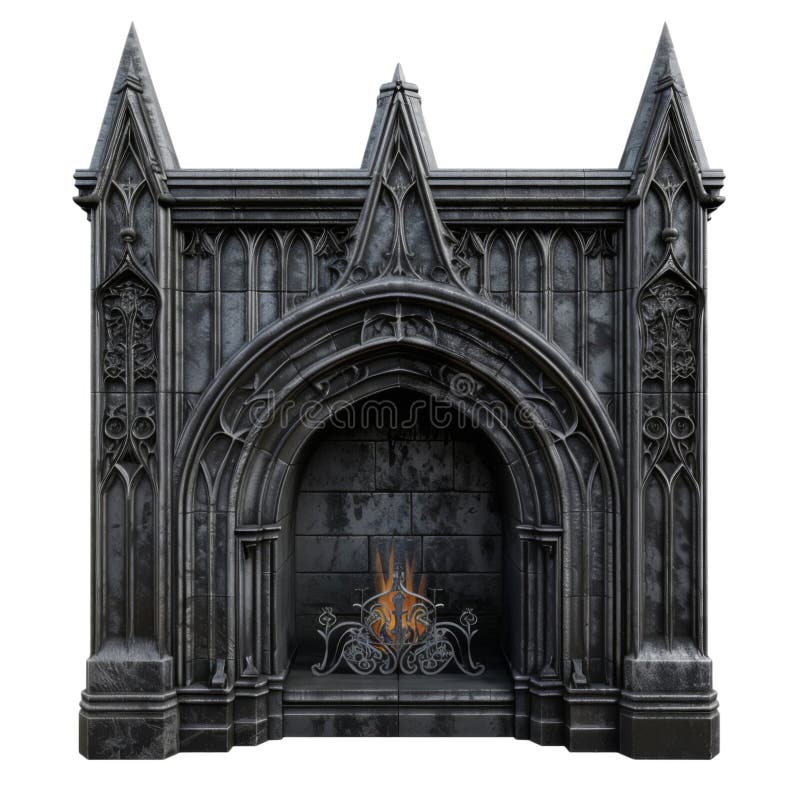 Gothic Stone Fireplace with Ornate Design and Burning Fire Stock Photo ...