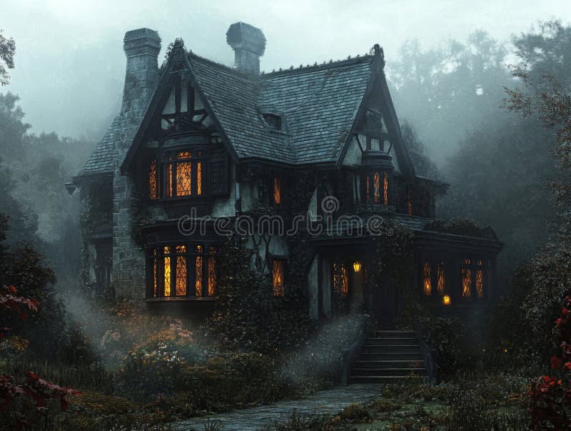 A Gothic Stone House with Glowing Windows in a Foggy Forest Stock ...