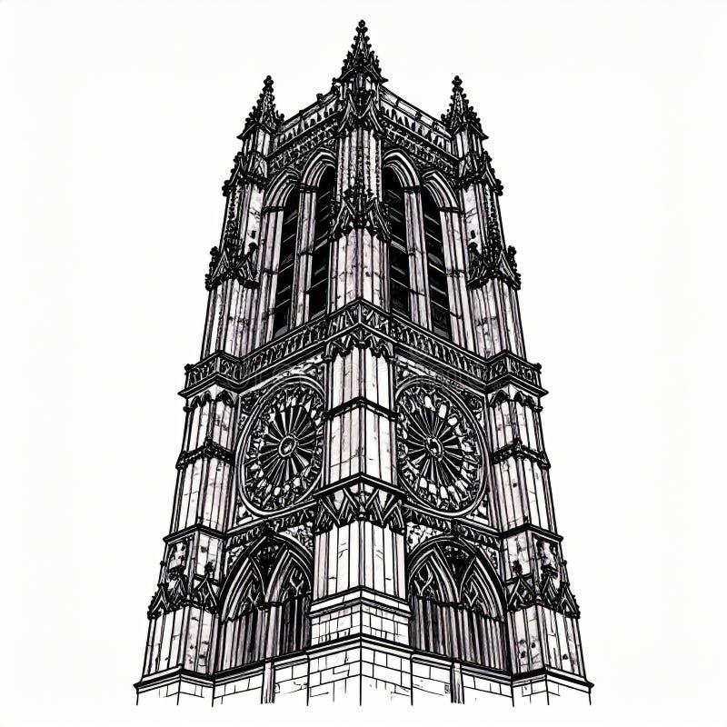 Gothic Stone Tower Black and White Illustration Stock Illustration ...