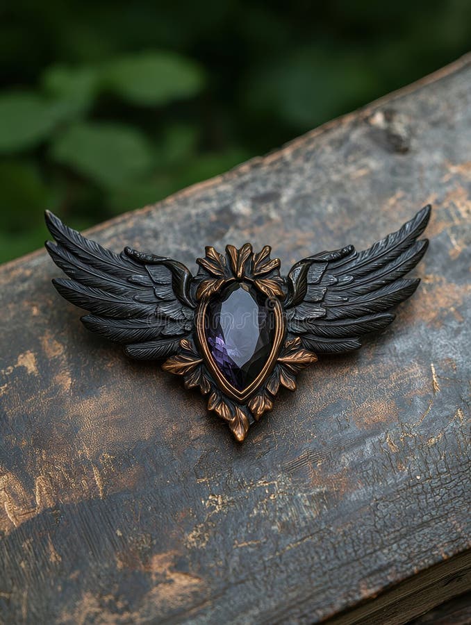 Gothic Style Black and Bronze Winged Brooch with Purple Gemstone Stock ...