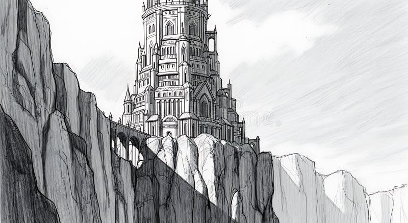 Gothic-style Castle Drawing Perched Atop Dramatic Cliffs, Featuring ...