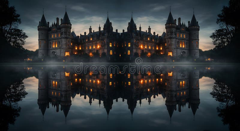 Gothic-style Castle with Illuminated Windows, Reflected in a Calm Body ...