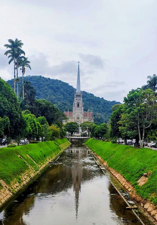 Gothic Style Cathedral with Some Green Bushes and Trees and a Dark ...