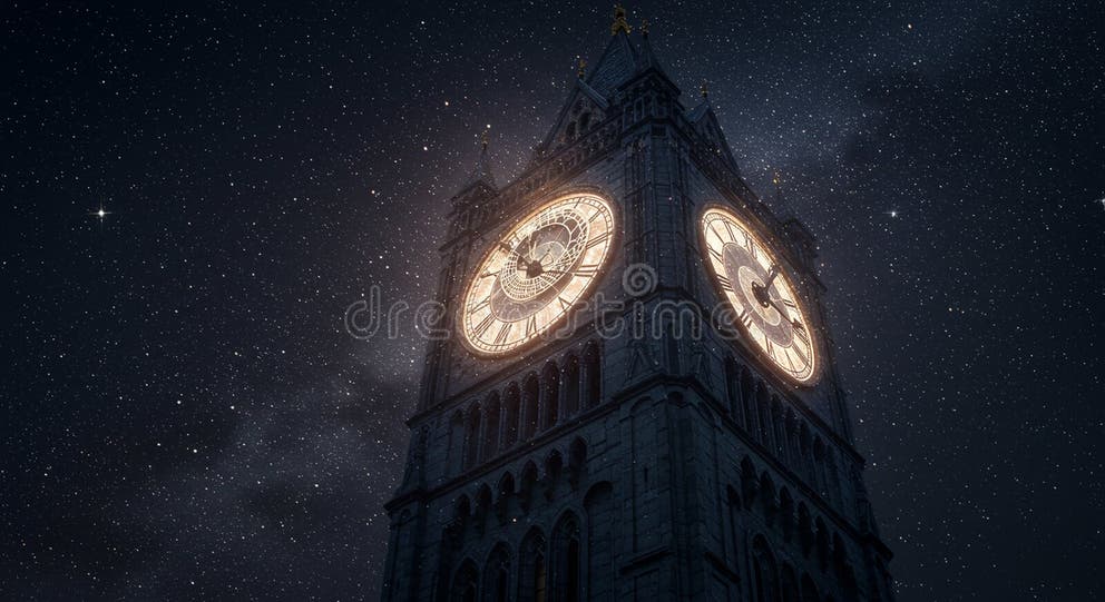 Gothic-style Clock Tower with Two Large, Illuminated Clock Faces Set ...