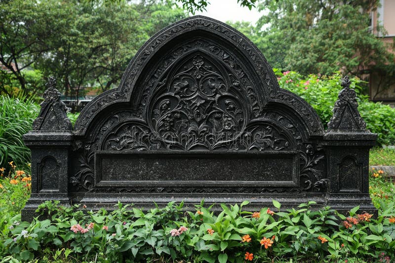 Gothic Style Granite Headstone Featuring Intricate Stonework and Motifs ...