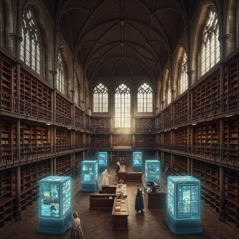 Gothic-style Library with Expansive Arched Windows Showcasing a Blend ...