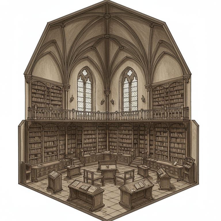Gothic-style Library Interior, Featuring High Vaulted Ceilings with ...