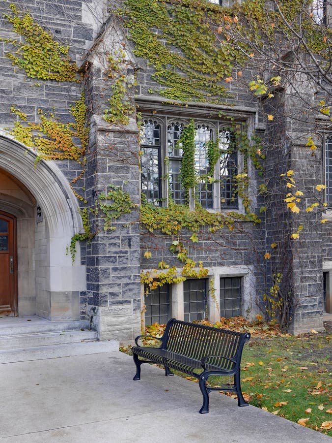 Gothic Style Stone College Building with Bench Stock Photo - Image of ...