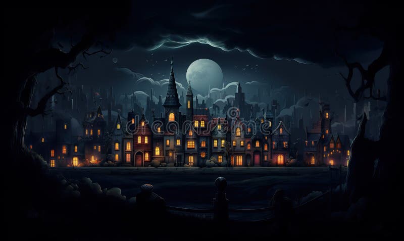 Moonlit Gothic Town at Midnight Stock Image - Image of tranquil ...
