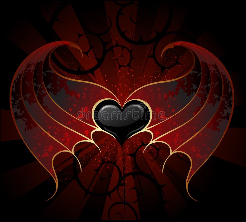 Black Heart with Vampire Wings and Horn Stock Vector - Illustration of ...