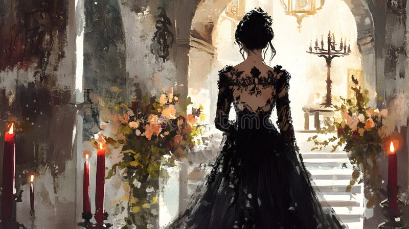 Gothic Wedding Bride in Black Lace Candlelit Altar Stock Illustration ...