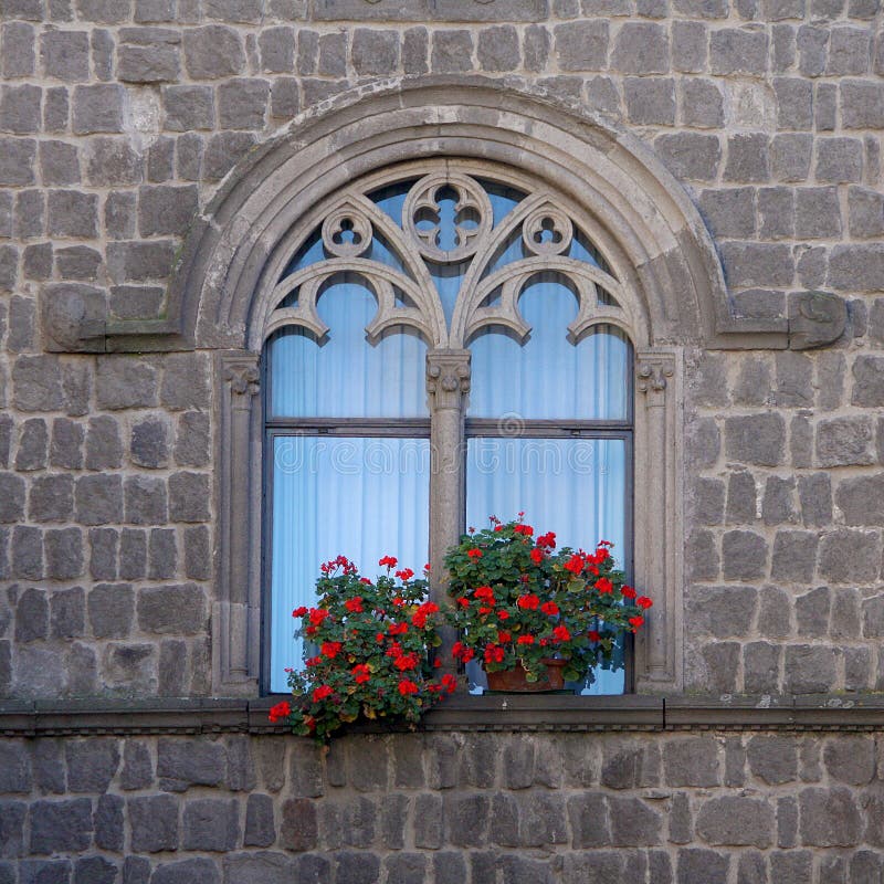 Gothic Window and Flowers stock photo. Image of ancient - 60495494