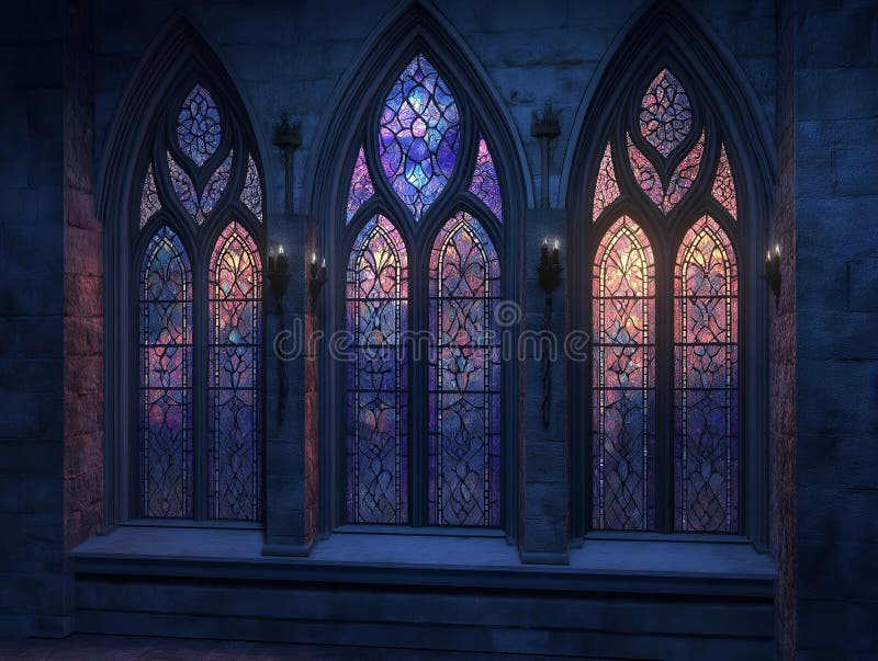 Gothic Window Night Scene Stained Glass Dark Architecture Stock ...