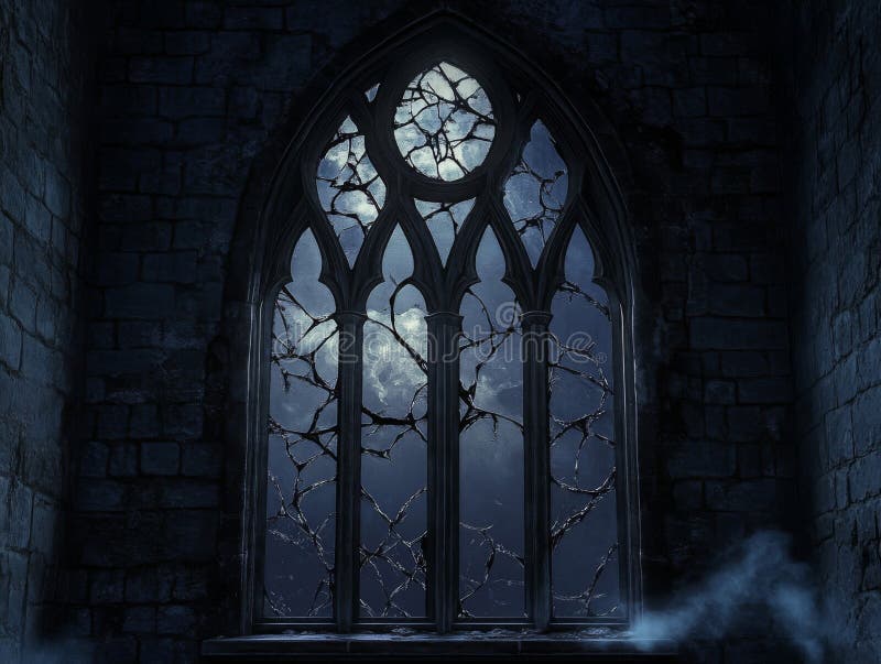A Gothic Window with Shattered Glass and a Moonlight View Stock ...