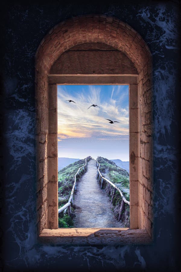 Gothic Window with a Wonderful Natural Bridge View Stock Illustration ...