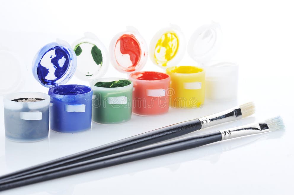 Gouache paint and brush stock image. Image of tool, green - 12483543