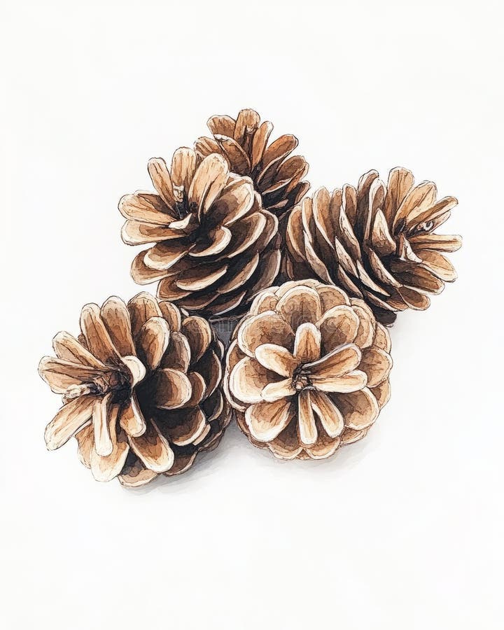 Gouache Pine Cones: Six Small Cones on White Background Stock Vector ...